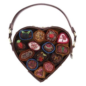 mary frances temptations embellished heart shaped box of chocolates novelty handbag, brown