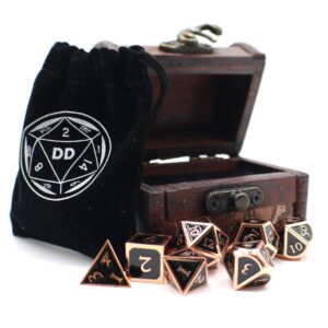 black and bronze metal d20 dice set for tabletop gaming