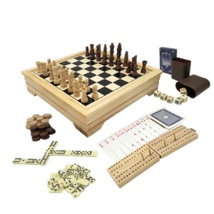 kaile deluxe 11.8 inch 7 in 1 board game set - chess set, checkers, backgammon, dominoes, playing cards, poker dices and cribbage