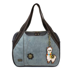 chala large bowling tote shoulder bag with canvas handle and llama keyfob (llama) (indigo blue)