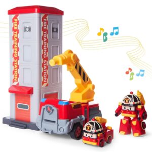 robocar poli toys, [fire station playset+rescue training fire truck toy car+mini transforming robot roy], tower, extension ladder and flashing lights & siren sounds