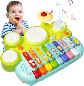 kids drum set for toddlers: ohuhu 5 in 1 baby musical instruments musical toys children drum kit xylophone microphone piano early educational learning toy for ages 18+ months girls boys