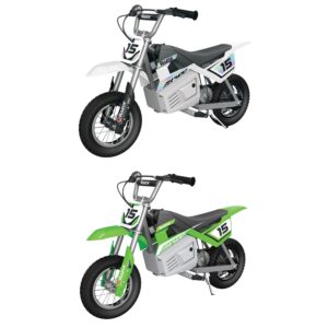 razor mx400 dirt rocket 24v ride on high-torque electric motocross motorcycle toy dirt bikes, speeds up to 14 mph, for ages 13+, 1 white & 1 green