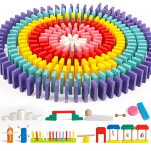 joqutoys 600 pcs dominoes set for kids, wooden domino building blocks, 6 colors bulk dominoes racing tiles games with extra 26 add-on blocks and storage bag, educational toys for kids birthday party