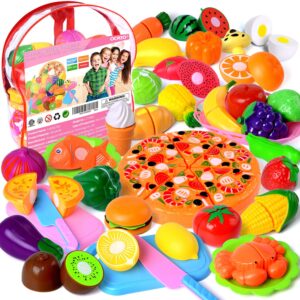 73pcs cutting play food for kids kitchen toys food cutting fruits and vegetables accessories xmas gifts toys for toddlers boys girls with storage bag