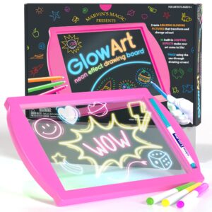 marvin's magic - glow art unique craft kit | light up kids art set | includes neon effect drawing board with a built-in stand and 4 fluorescent magic pens - pink