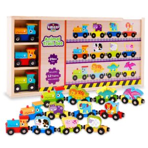 wooden trains set (21 pcs) with 3 dinosaurs 3 farm 3 zoo animals with box and cover - train toys magnetic set toy train sets for kids toddler gift toy for 2 year old boys and girls and up