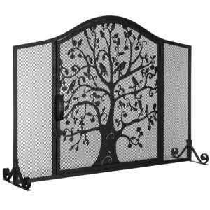 mygift black wrought iron fireplace screen door with silhouette tree & bird design