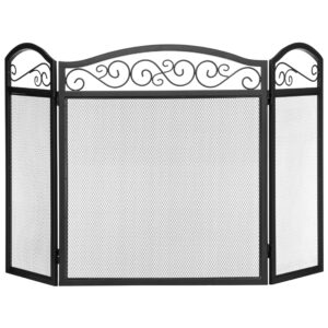 mygift black wrought iron 3 panel arched fireplace screen, metal mesh screen fire spark guard for indoor fireplace with decorative scrollwork design