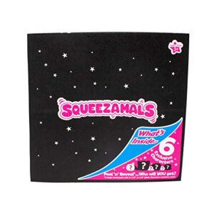 squeezamals mystery black box collector pack- 6 exclusive characters- the mystery is 100% of the fun! perfect for your little one to surprise with these mini plushies! peel and reveal