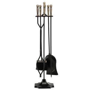 tangkula 5 pieces fireplace tools wrought iron toolset 4 tools & decor holder indoor outdoor tong,poker, base, shovel,brush fireplaces hearth accessories