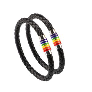 phogary gay pride bracelet lgbt rainbow bracelet (2 packs), couple black leather bracelet men’s women’s bangle with rainbow striped stainless steel magnetic clasp 22cm