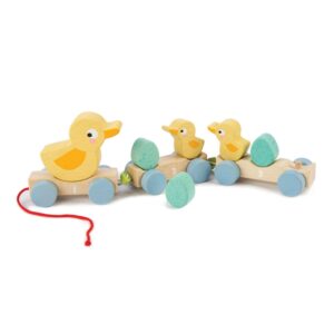 tender leaf toys - pull along ducks - classic wooden pull along toy - 9pc duck family set with 1 mother duck, 2 baby ducks, 3 eggs and 3 cars - encourages number learning - 18mths+