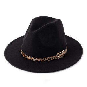 hudanhuwei women's wide brim felt fedora panama hat with leopard belt buckle black