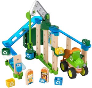 fisher-price wooden building toy wonder makers design system lift & sort recycling center, 35 wood piece playset for preschool kids ages 3+ years