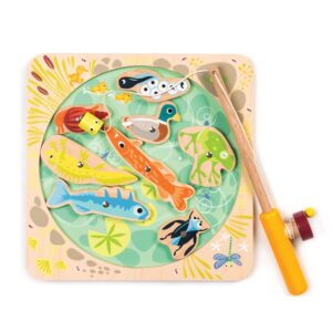 tender leaf toys - pond dipping - wooden magnetic fishing toy for kids - length adjustable fishing rod and 8 pond animals with numbers at the back - develops fine motor skills, early learning - age 3+