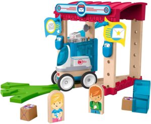 fisher-price wooden building toy wonder makers design system special delivery depot, 35+ wood piece playset for preschool kids ages 3+ years