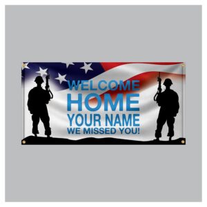 bannerbuzz vinyl banner, welcome home we missed you soldier, pvc flex, 11 oz, hemmed edges with grommets, single sided print, full color 600dpi eco solvent printing (10' w x 4' h)