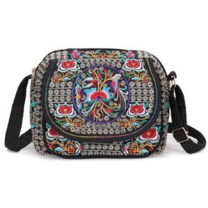 vintage embroidery 6.5" canvas 3 zip small crossbody bag cell phone pouch wallet bag coin purse for women (black + flower)