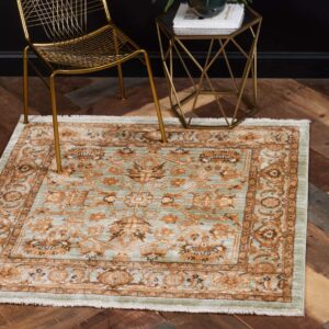 unique loom dorchester collection botanical, border, traditional area rug (4' 5 x 4' 5 square, light green/ tan)