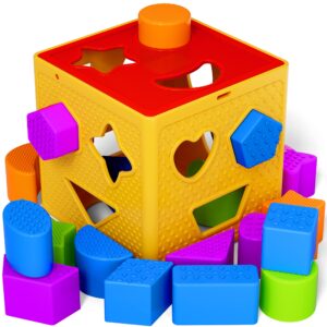 eti toys, 19 piece unique educational sorting & matching toy for toddlers. colorful sorter cube box & shapes, 100 percent safe, promotes fun learning, creativity & skills development