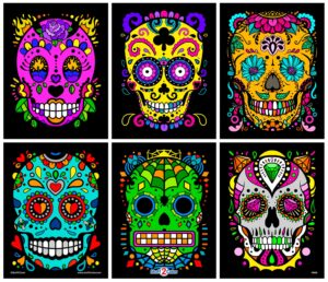 stuff2color sugar skulls fuzzy velvet halloween coloring posters (day of the dead and dia de los muertos) - 6 pack - great halloween arts and craft activity for kids, toddlers, teens and adults