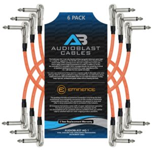 audioblast - 6 units - 6 inch - hq-1 (orange) - ultra flexible - dual shielded (100%) - instrument effects pedal patch cable w/ ¼ inch (6.35mm) low-profile, r/a pancake ts plugs & dual staggered boots