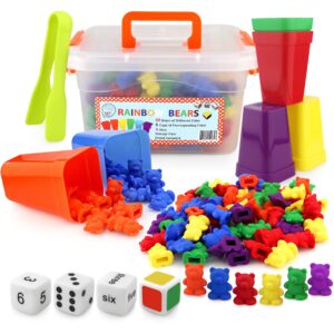 set4kids counting bears with matching/sorting cups, 4 dice, tweezers and an activity e-book. for toddler games | early childhood education. 71 pc game set