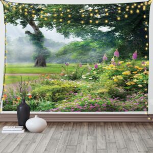 ambesonne garden tapestry, vibrant colored flowers and trees in park morning haze foggy weather sunrise, fabric wall hanging decor for bedroom living room dorm, 90" x 60", yellow lilac