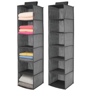 mdesign long soft fabric over closet rod hanging storage organizer with 6 shelves for clothes, leggings, lingerie, t shirts - textured print with solid trim - 2 pack - charcoal gray/black