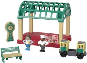 thomas & friends wooden toy knapford train station playset with figures & passenger coach for preschool pretend play kids ages 3+ years