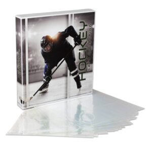 unikeep hockey themed trading card collection binder with trading card pages. the binder/case is fully enclosed to protect the cards (faceoff, poly rings)