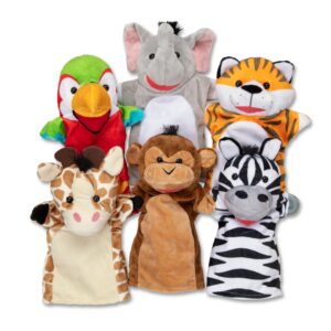 melissa & doug safari buddies hand puppets, set of 6 (elephant, tiger, parrot, giraffe, monkey, zebra) soft, plush animal hand puppets for toddlers and kids ages 2+