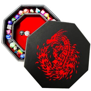 fantasydice red fire dragon dice tray with lid – 9" octagon with dice staging area, holds 5 dice sets – perfect for d&d, call of cthulhu, shadowrun, and all tabletop rpgs