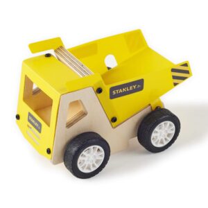 stanley jr. diy dump truck kit for kids - easy to assemble model truck kit - yellow dump truck model set - wood dump truck craft - paint & decals included