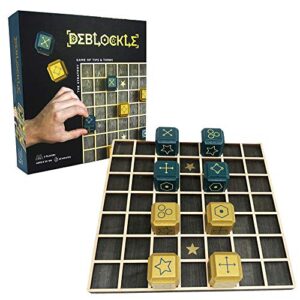 project genius: deblockle- the game of tips and turns, 2 player strategy game, game for families and adults, ages 8+, solid wood based board and blocks