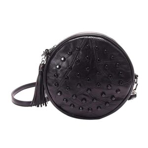 heidi bag leather round handbag circle crossbody bag bucket messenger bag with chain tassel fringe black