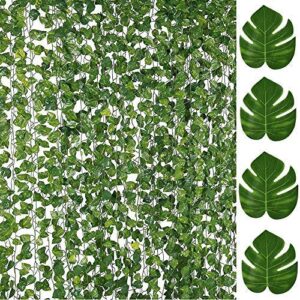 84ft artificial vines with leaves fake ivy foliage flowers hanging garland 12pcs individual strands plus 12pcs faux monstera tropical palm leaves,home party wall garden wedding decors indoor outdoor