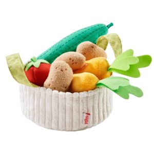 haba biofino vegetable basket - soft plush pretend play food includes carrier, cucumber, tomato, 2 carrots and 3 potatoes for ages 3+