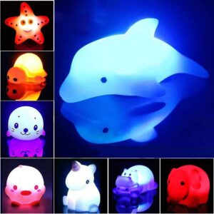 geolinca bath toys, 8 packs light-up floating pool fun unicorn dolphin toys, 7 color flashing bathtub water toys for baby toddlers kids infants boys girls animal toy set colorful