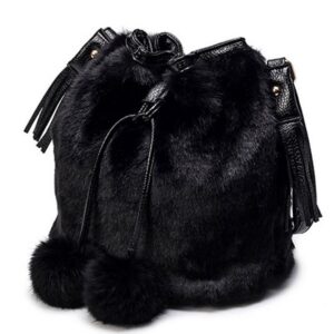 van caro women’s faux fur drawstring bucket bag shoulder crossbody bag, black