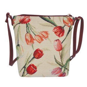 signare tapestry small crossbody bag sling bag for women with tulip white floral design (sling-tulwt)