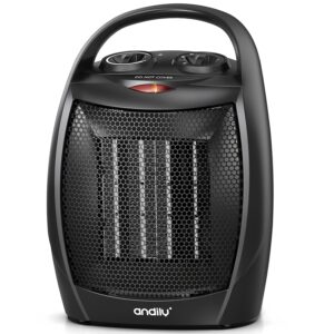 andily compact portable ceramic space heater with adjustable comfort control thermostat, 3 settings, easy handle, great for use in home, dorm, office desktop, and kitchen, etl for safe (black)