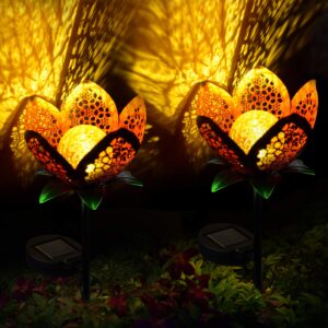 firlar garden solar lights outdoors, 2pack pathway hollow flower stake lights waterproof landscape led decorative light for patio, walkways,courtyard, path,yard, lawn(warm white)