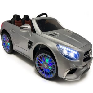 americas toys kids car with remote control, mp4 touch screen, led wheels, leather seat – electric car for kid to drive, open trunk, pull handle, compatible with mercedes benz painted silver