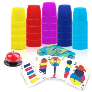 gamie stacking cups game- with 54 challenges, 20 stacking cups, bell and instruction sheet- educational color and shape matching game- classic quick stacks set for boys, girls, teens, adults