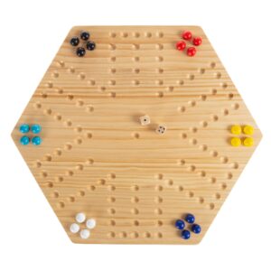 hey! play! classic wooden strategic thinking game-complete set with board, 24 colored marbles, 2 dice-fun vintage 6-player game for kids and adults