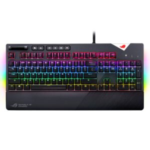 asus rog strix flare (cherry mx brown) aura sync rgb mechanical gaming keyboard with switches, customizable badge, usb pass through and media controls (renewed)