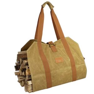 firewood log carrier bag - waxed canvas wood bag - campfire, fireplace, bonfire, accessories (khaki)