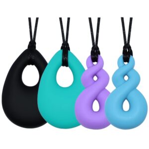 chew necklace for boys and girls, silicone chew toys for kids teardrop twist pendants, chewy necklace sensory for autism or oral motor special needs bpa free - 4 pcs set